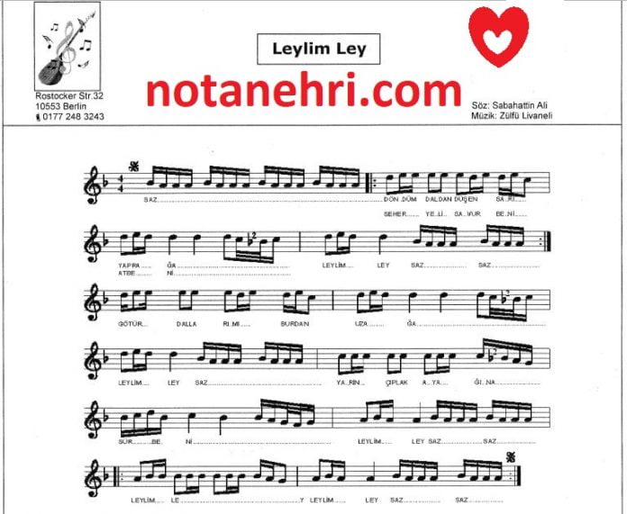 Leylim Ley Türkü Notaları - Nota Nehri