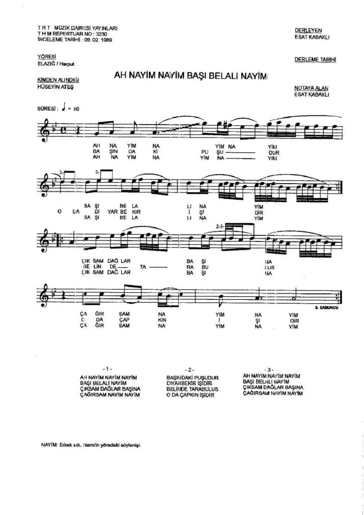 Ah Nayim Nayim Başı Belalı Nayim Notaları | Türk Halk Müziği - Nota Nehri