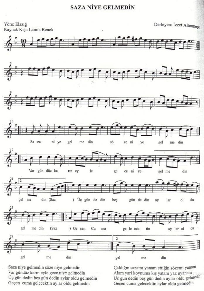 Saza Niye Gelmedin Notaları Do Re Mi - Nota Nehri