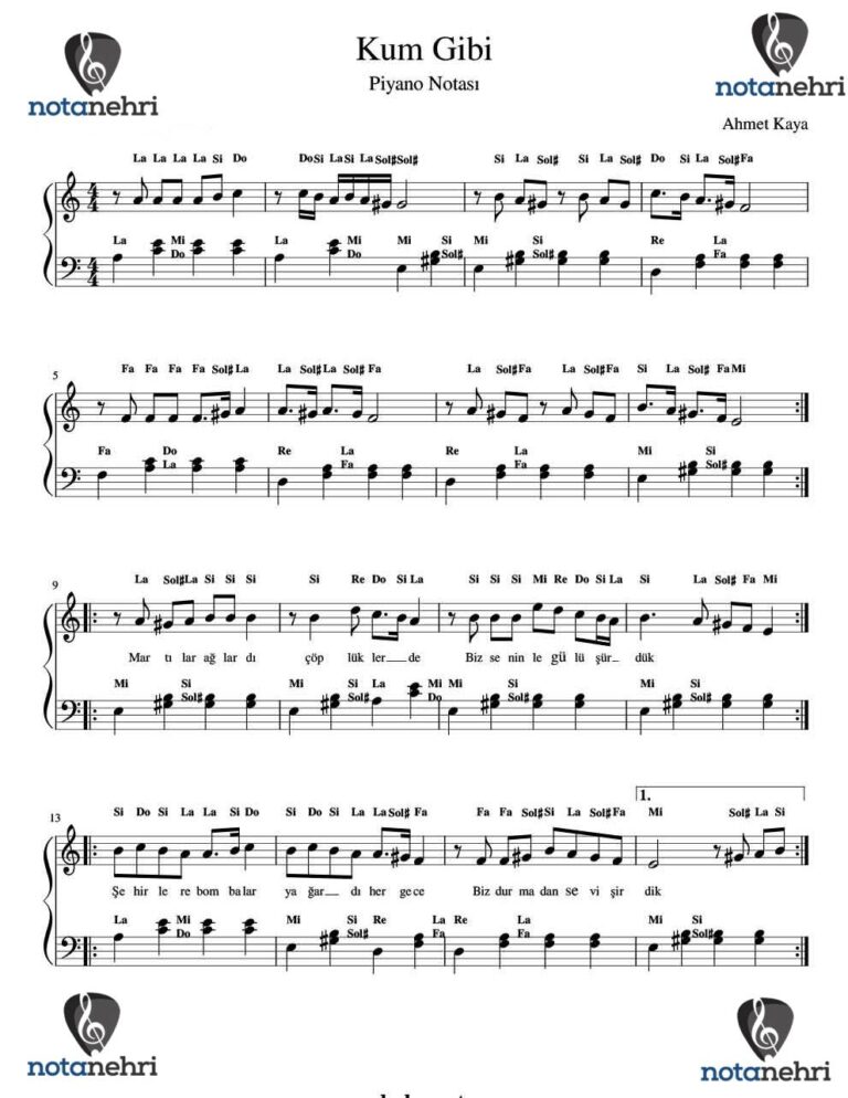 Ahmet Kaya Kum Gibi Piyano Notaları