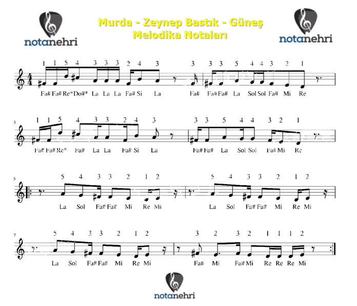 Murda – Zeynep Bastık – Güneş Melodika Notaları - Nota Nehri