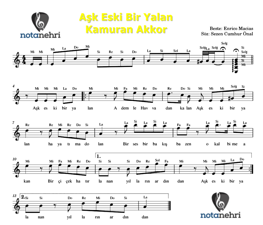 Kamuran Akkor – Aşk Eski Bir Yalan Keman, Melodika, Flüt, Org Notaları ...