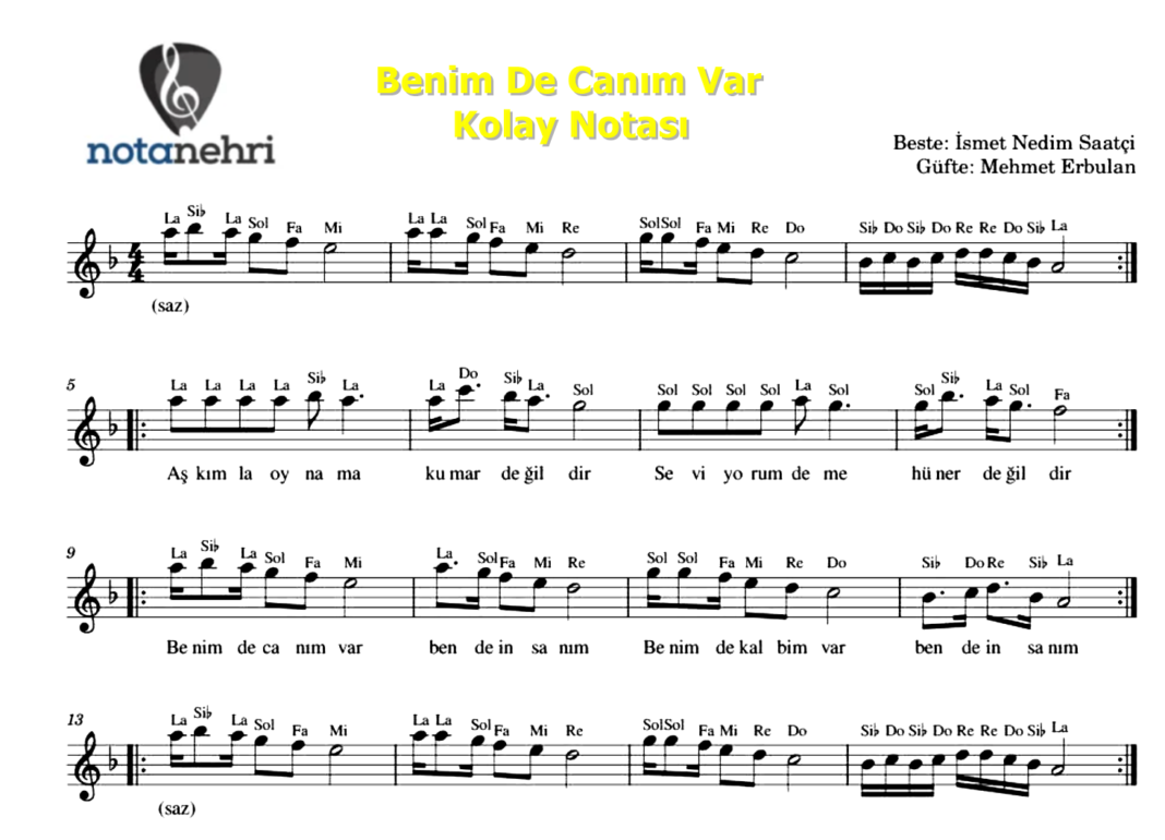 Benim De Canım Var Keman, Ud, Flüt, Melodika, Org Notası - Nota Nehri