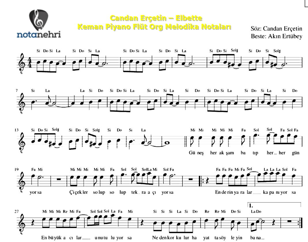 Candan Erçetin – Elbette Keman Piyano Flüt Org Melodika Notaları - Nota ...