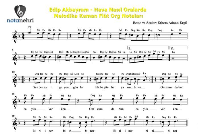 Edip Akbayram – Hava Nasıl Oralarda – Melodika Keman Flüt Org Notaları ...