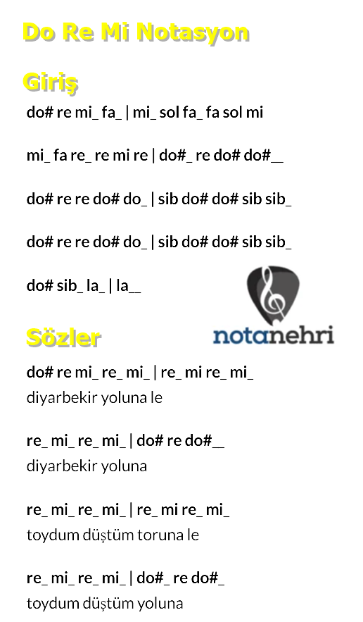 Diyarbekir Yoluna – Delalım Keman, Bağlama, Melodika, Flüt, Ud Notaları ...