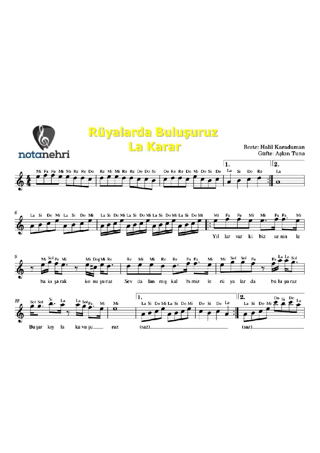 Ruyalarda-Bulusuruz-la-karar-kolay-notasi-1 | Bağlama Notaları, Do re ...