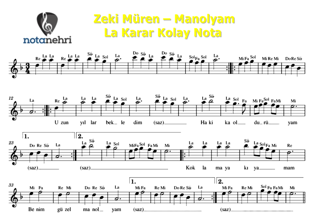 Zeki Müren – Manolyam Keman, Melodika, Flüt, Org Notaları - Nota Nehri