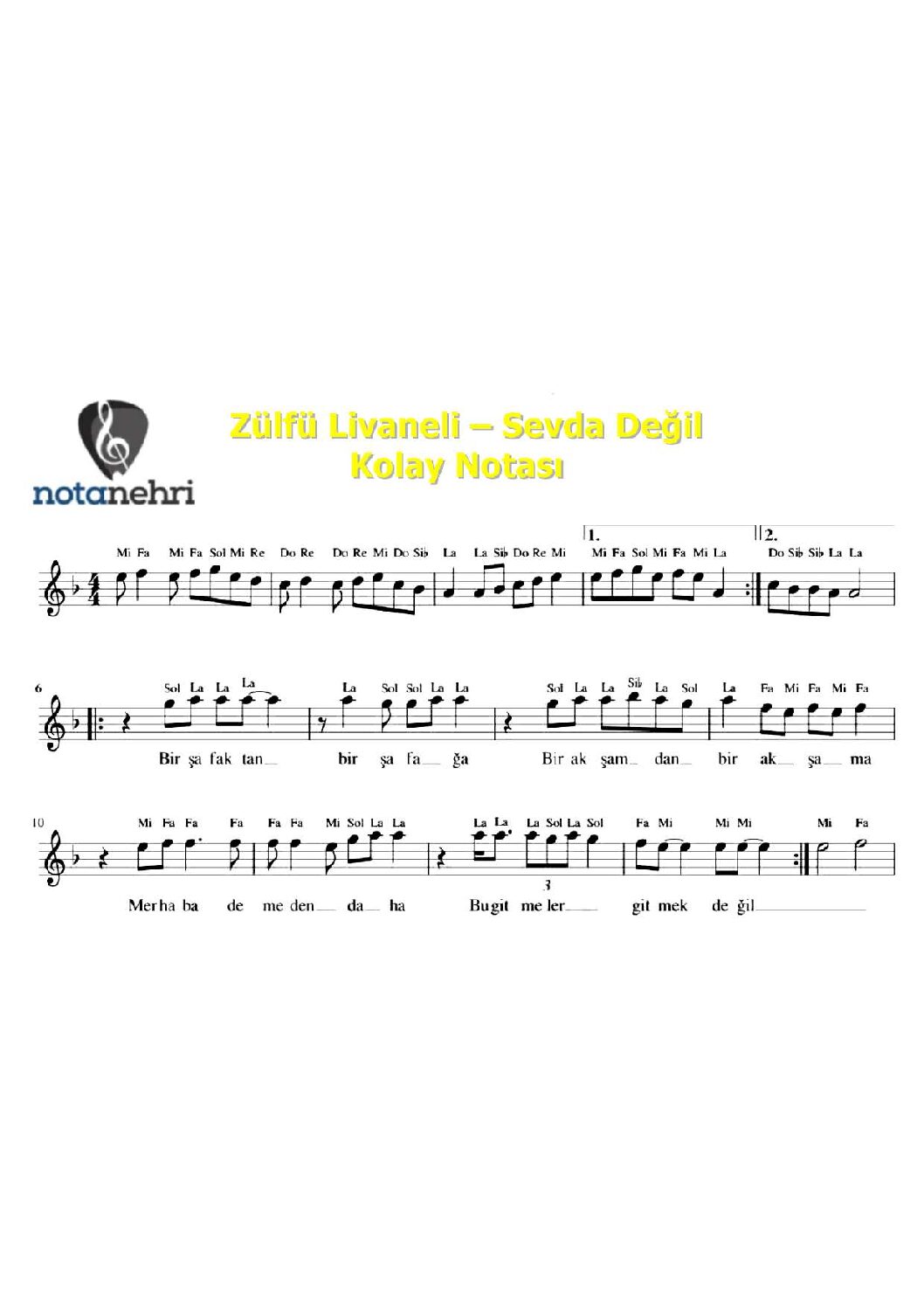 Zulfu-Livaneli-–-Sevda-Degil-kolay-nota-1 | Bağlama Notaları, Do re mi ...
