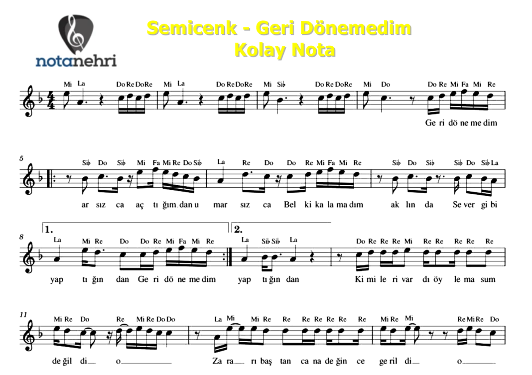 Semicenk – Geri Dönemedim Keman, Piyano, Flüt, Melodika, Org Notaları ...