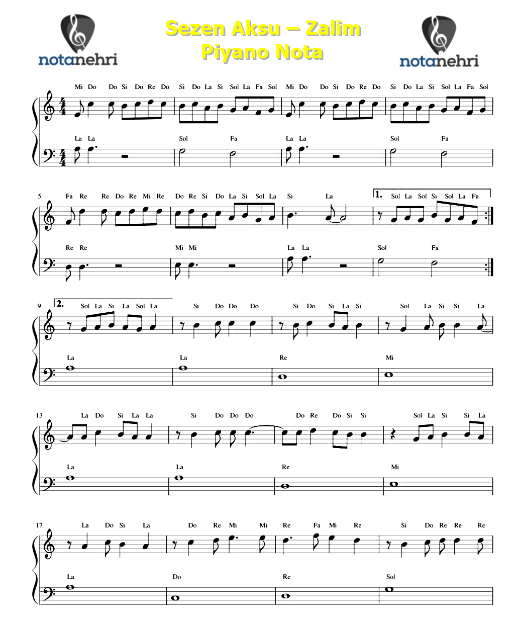 Sezen Aksu – Zalim Keman, Piyano, Melodika, Flüt, Org Notaları - Nota Nehri