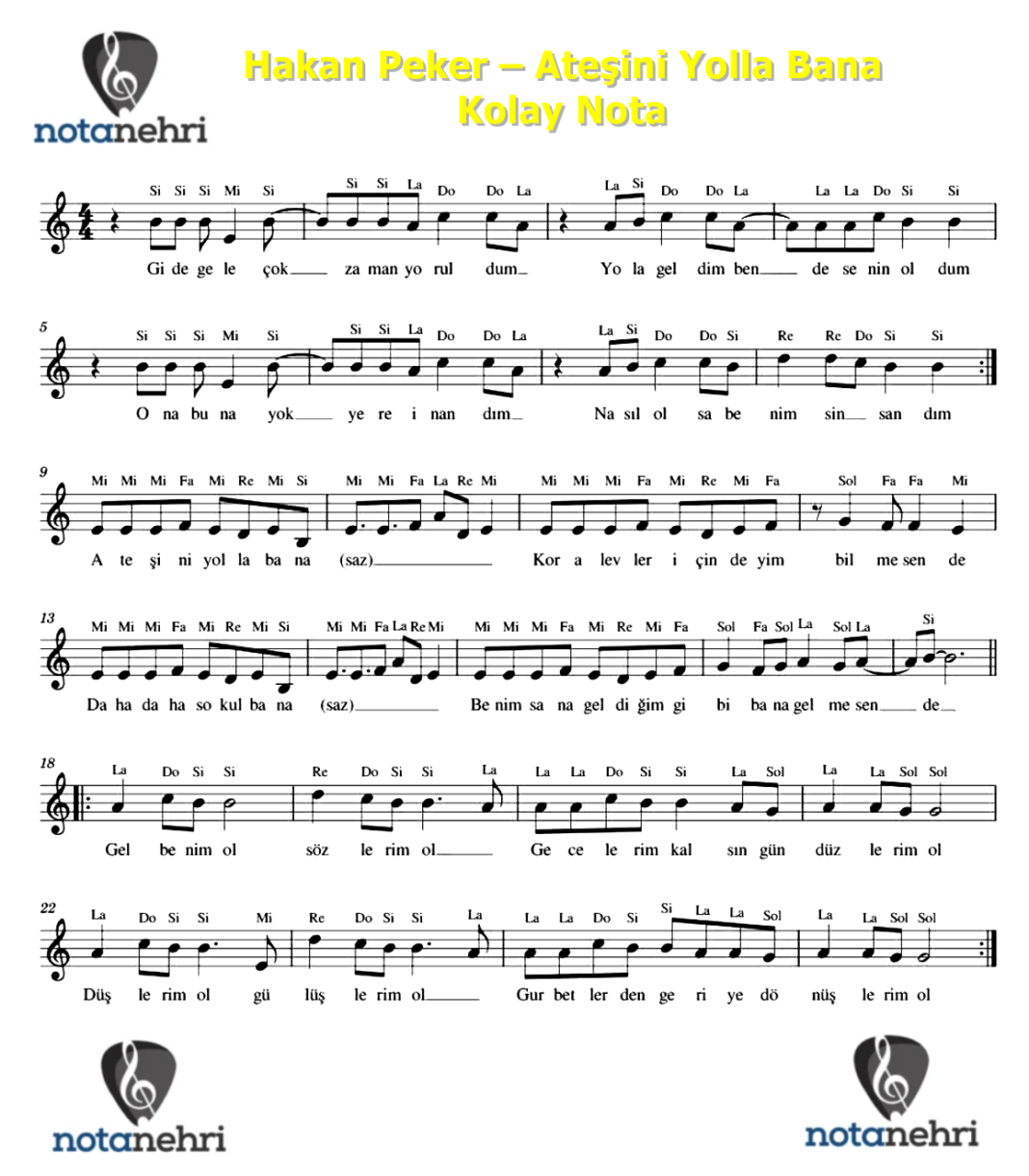 Hakan Peker – Ateşini Yolla Bana Keman, Melodika, Org, Flüt Notaları ...