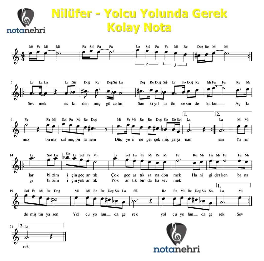 Nilüfer – Yolcu Yolunda Gerek Melodika, Keman, Flüt, Org Notaları ...