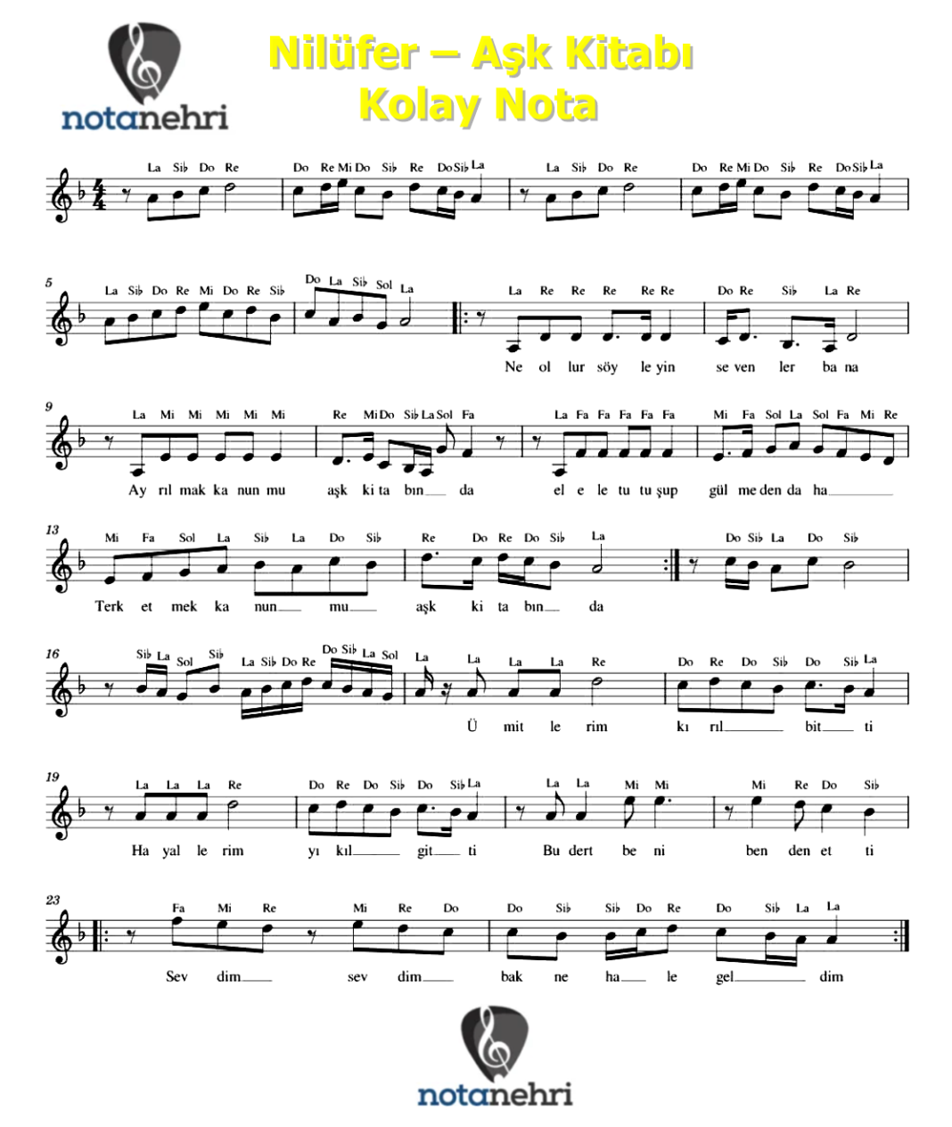 Nilüfer – Aşk Kitabı Keman, Flüt, Melodika, Org, Ud Notaları - Nota Nehri