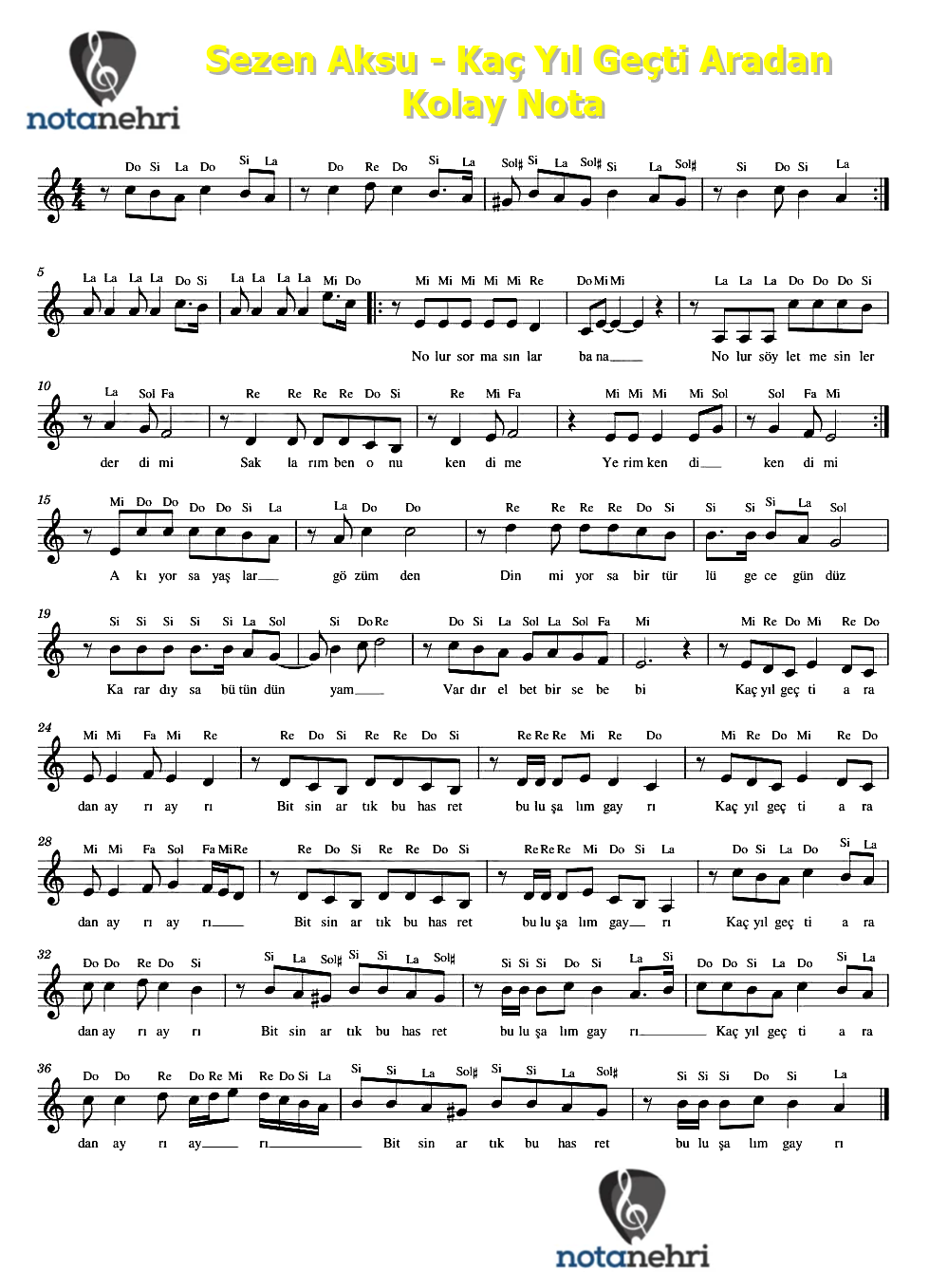 Sezen Aksu – Kaç Yıl Geçti Aradan Melodika, Keman, Org, Flüt Notaları ...