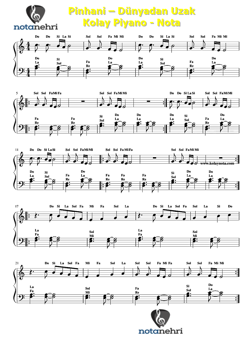 Pinhani – Dünyadan Uzak Melodika, Keman, Org, Flüt, Piyano Notaları - Nota Nehri