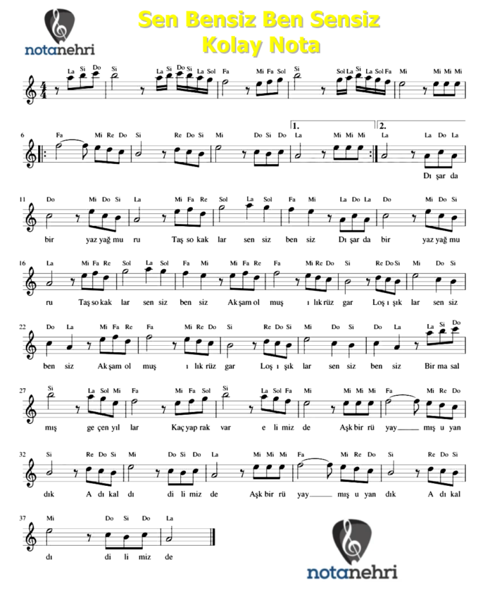 Sen Bensiz Ben Sensiz Keman, Melodika, Flüt, Org Notaları - Nota Nehri