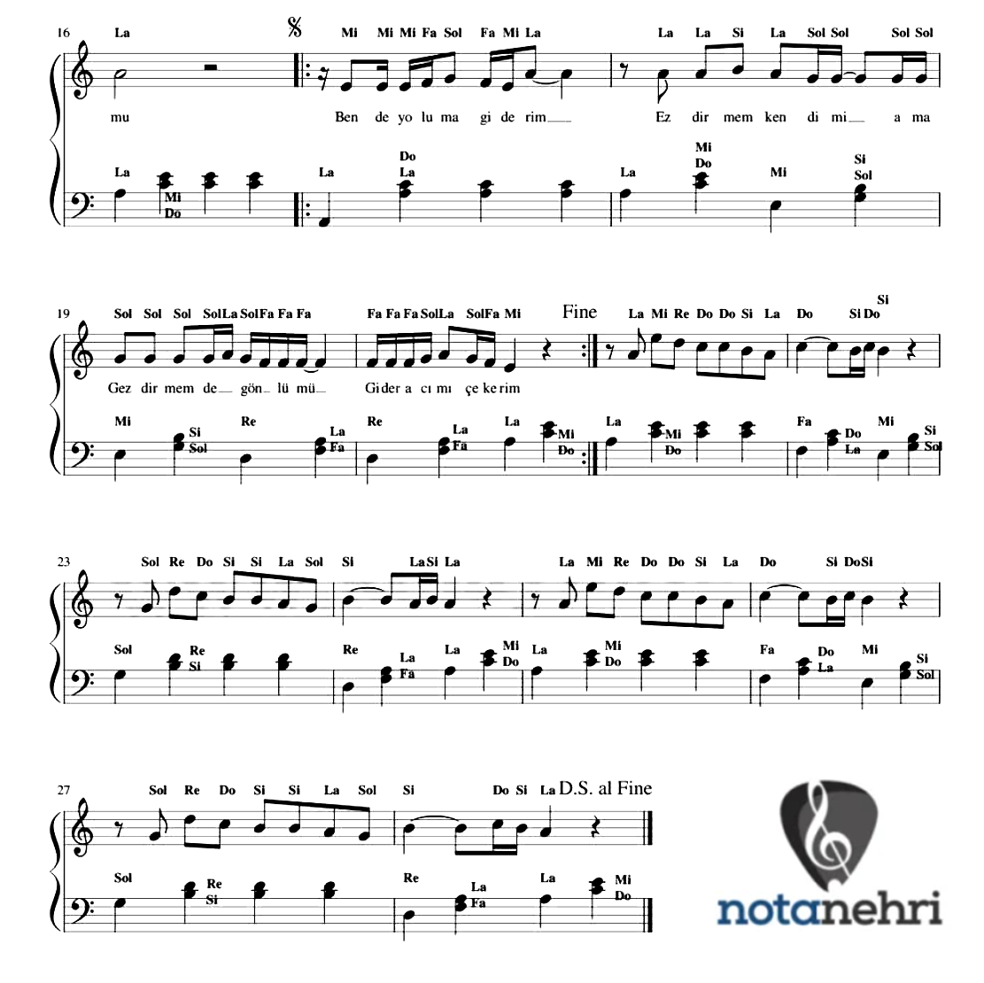 Sezen Aksu – Ben de Yoluma Giderim Piyano, Melodika, Kolay Notaları ...