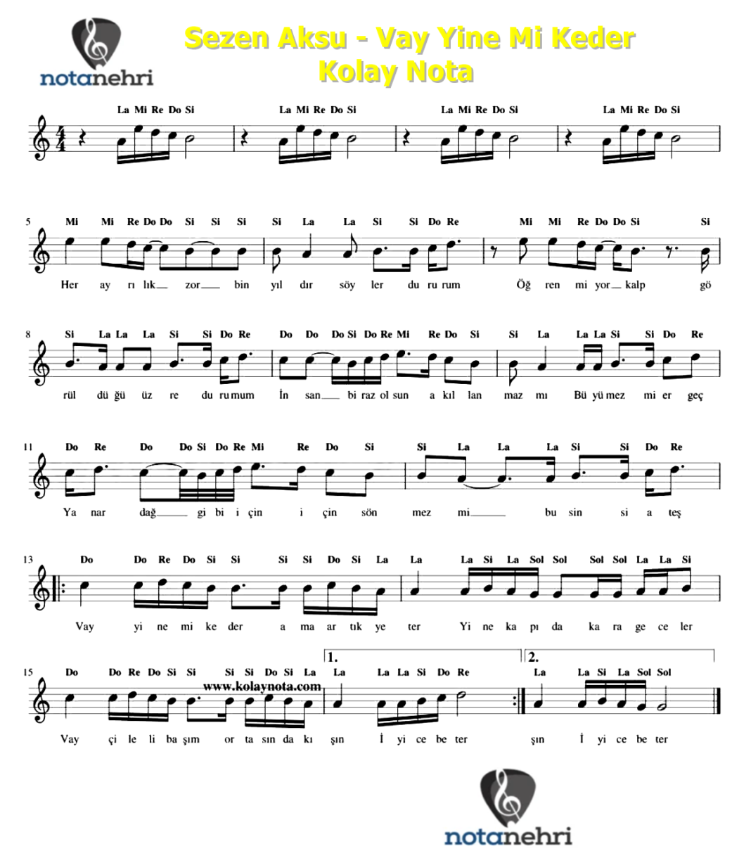 Sezen Aksu – Vay Yine Mi Keder Melodika, Keman, Org, Flüt Notaları - Nota Nehri