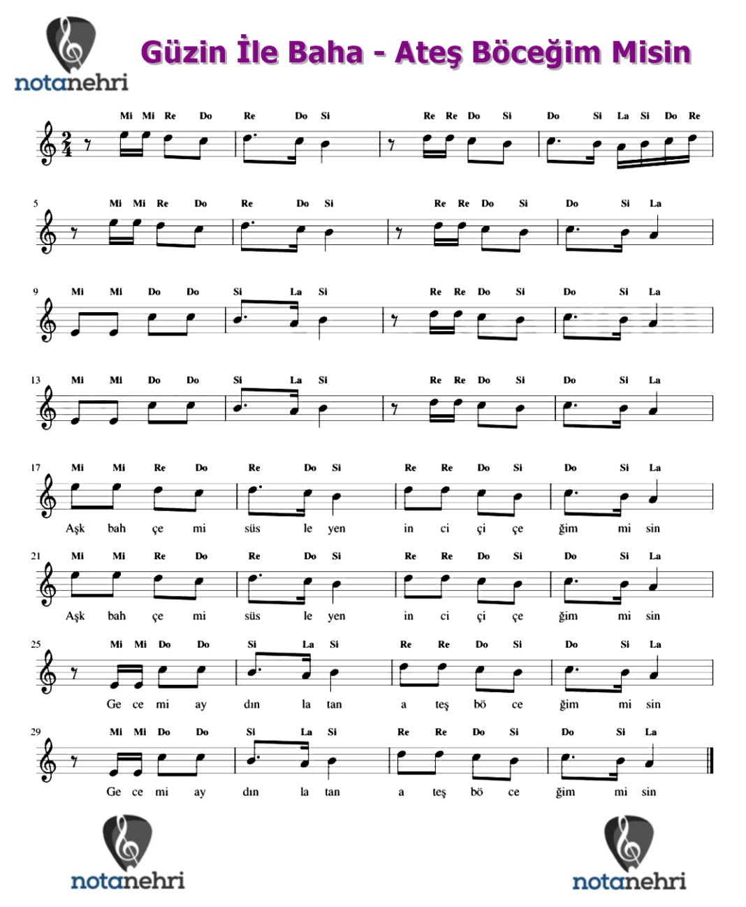 Güzin İle Baha – Ateş Böceğim Misin Melodika, Keman, Flüt, Org Notaları ...