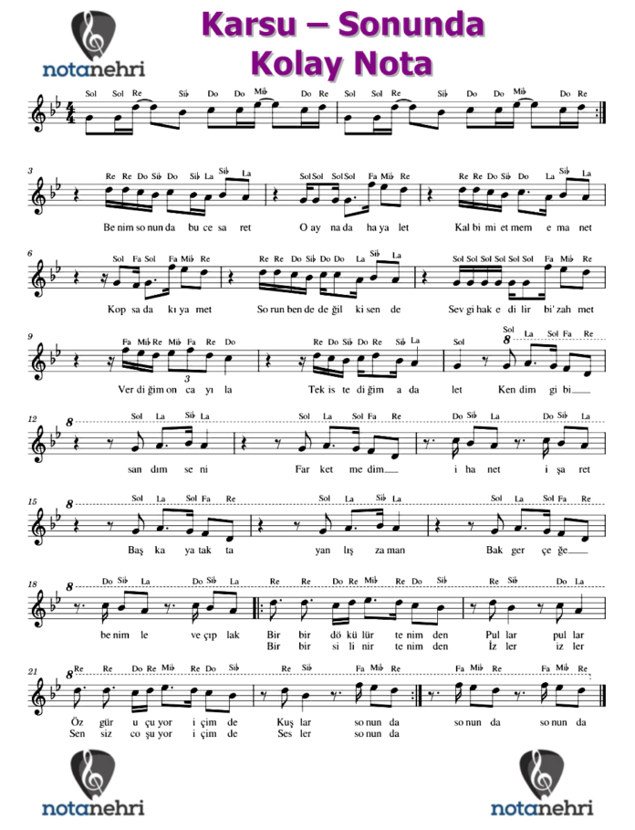 Karsu – Sonunda Keman, Piyano, Melodika, Flüt, Org Notaları - Nota Nehri
