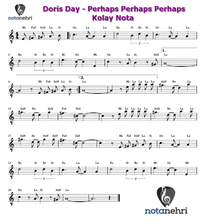 Doris Day – Perhaps Perhaps Perhaps Keman, Piyano, Melodika, Flüt, Org Notaları - Nota Nehri