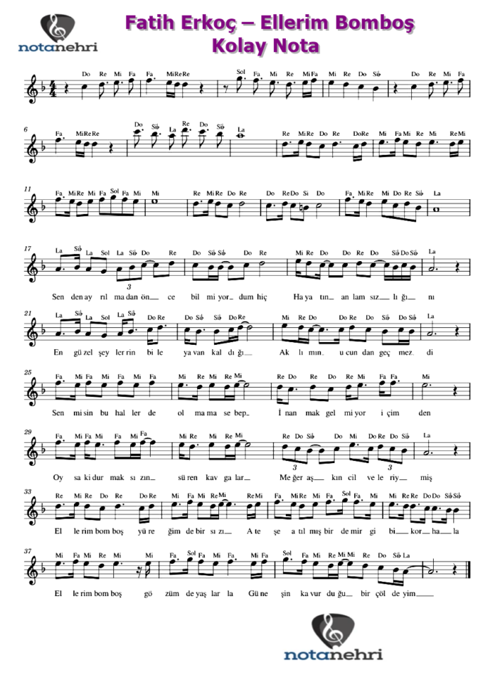 Fatih Erkoç – Ellerim Bomboş Keman, Melodika, Flüt, Org Notaları - Nota ...