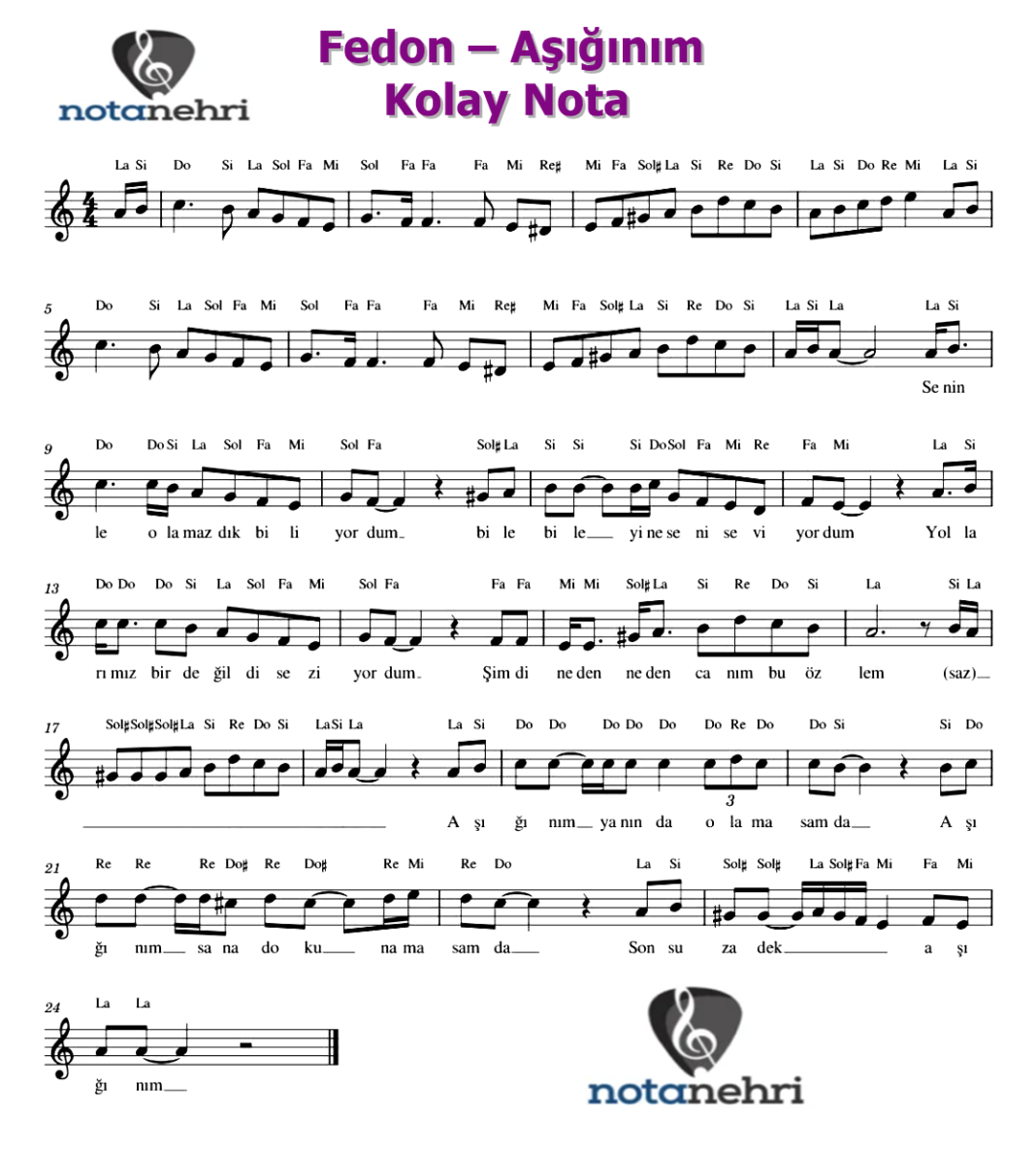 Fedon – Aşığınım Keman, Melodika, Flüt, Org Notaları - Nota Nehri