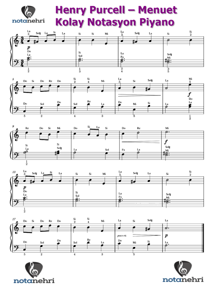 Henry Purcell – Menuet Piyano Notası - Nota Nehri