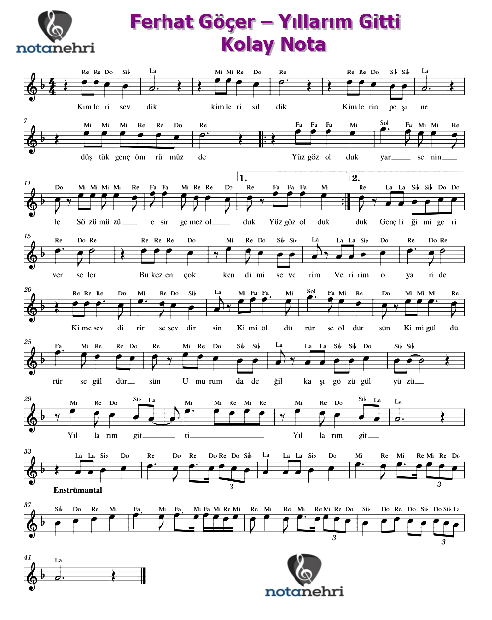 Ferhat-Gocer-–-Yillarim-Gitti-kolay-nota- | Bağlama Notaları, Do re mi ...