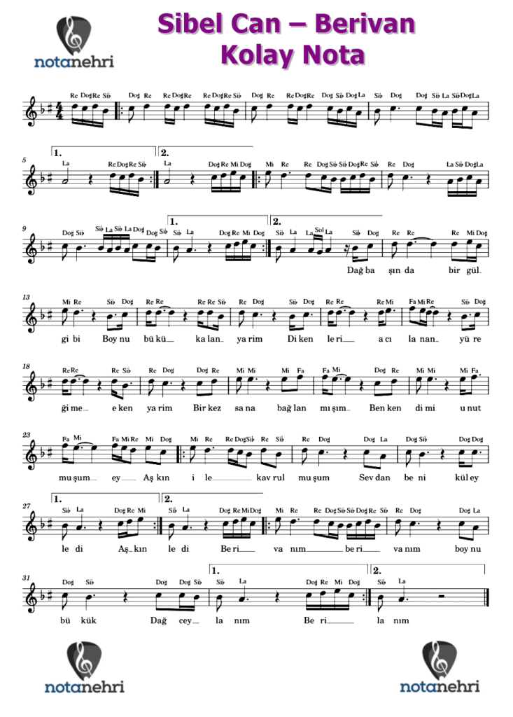 Sibel Can – Berivan Keman, Bağlama, Melodika, Flüt, Org Notaları - Nota ...