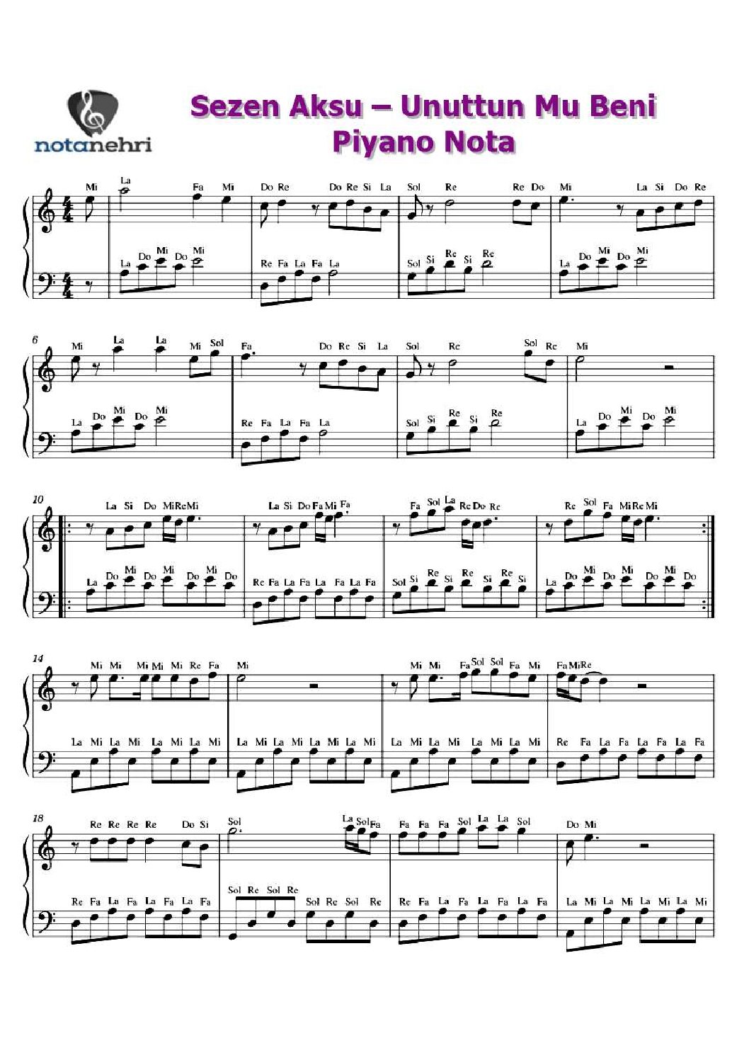 Sezen Aksu – Unuttun Mu Beni piyano nota | Bağlama Notaları, Do re mi ...
